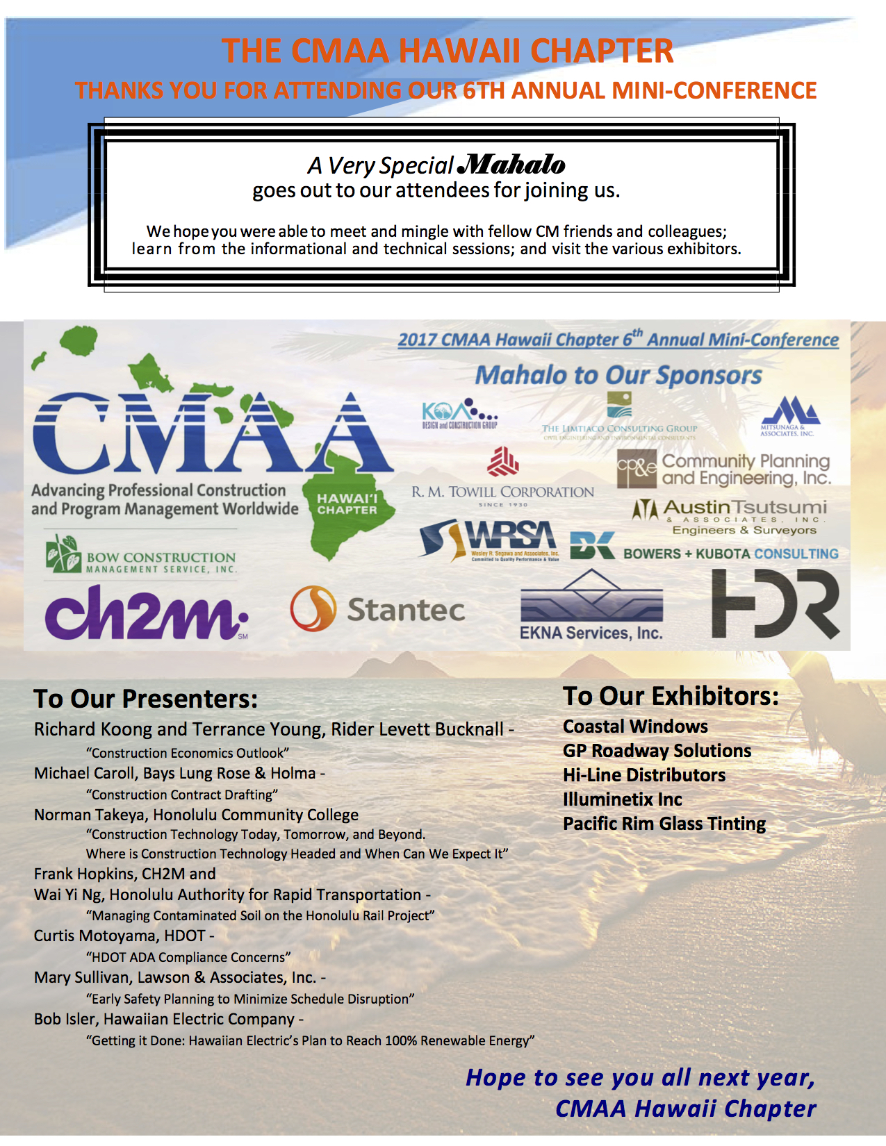 6th Annual Mini-Conference – Post-Event Followup – CMAA Hawai'i Chapter